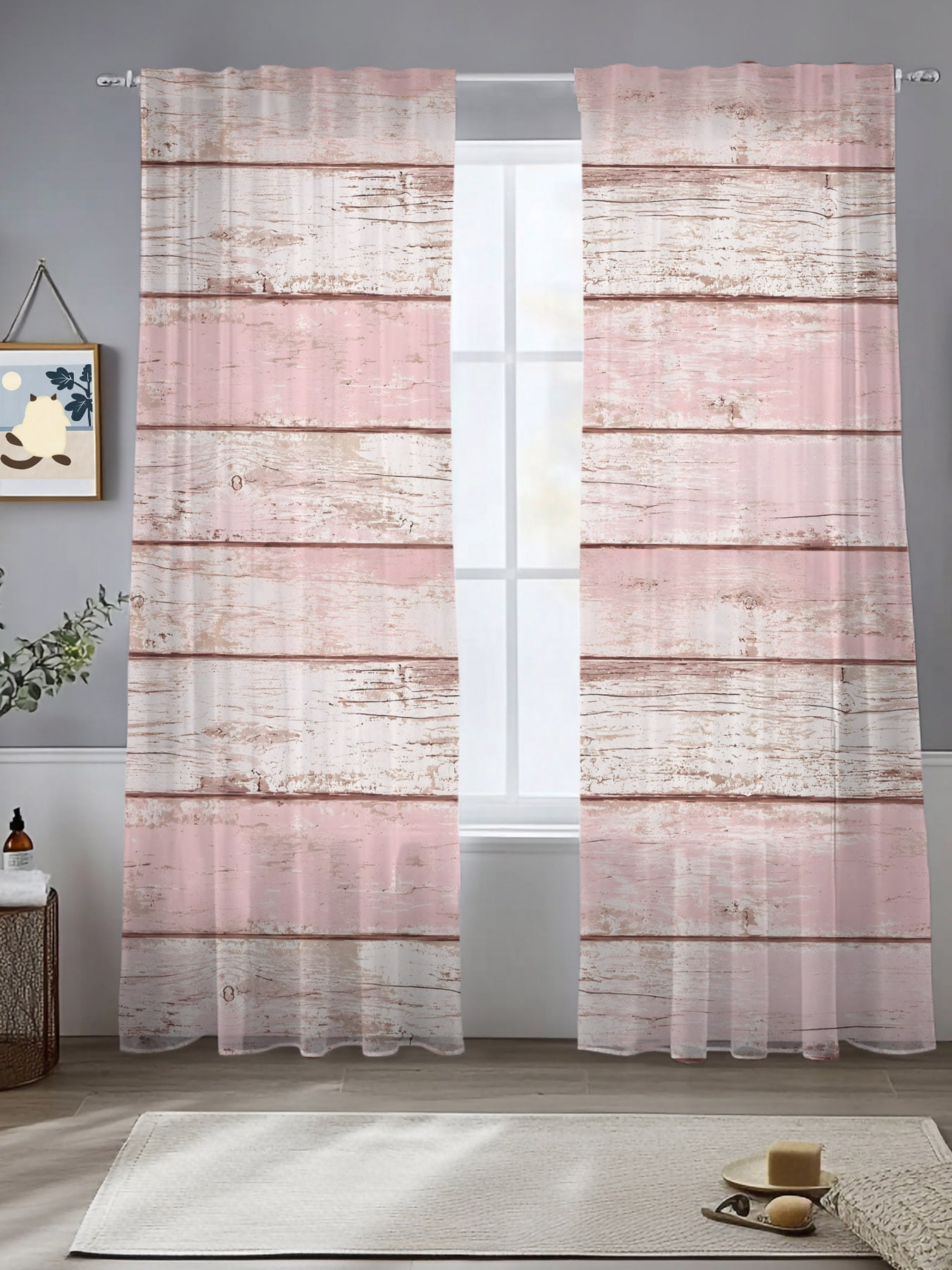 Country Vintage Wood Plank Chiffon Sheer Curtains 84 Inches Long Retro ...