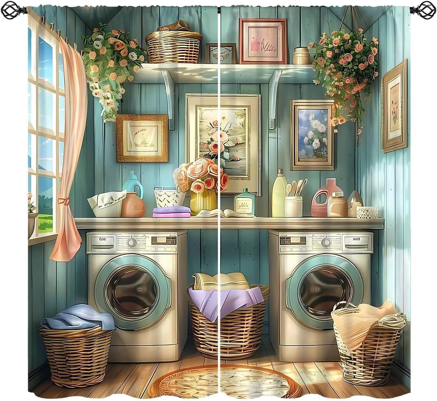 Country Watercolor Laundry Room Curtains,Retro Farmhouse Oil Painting ...