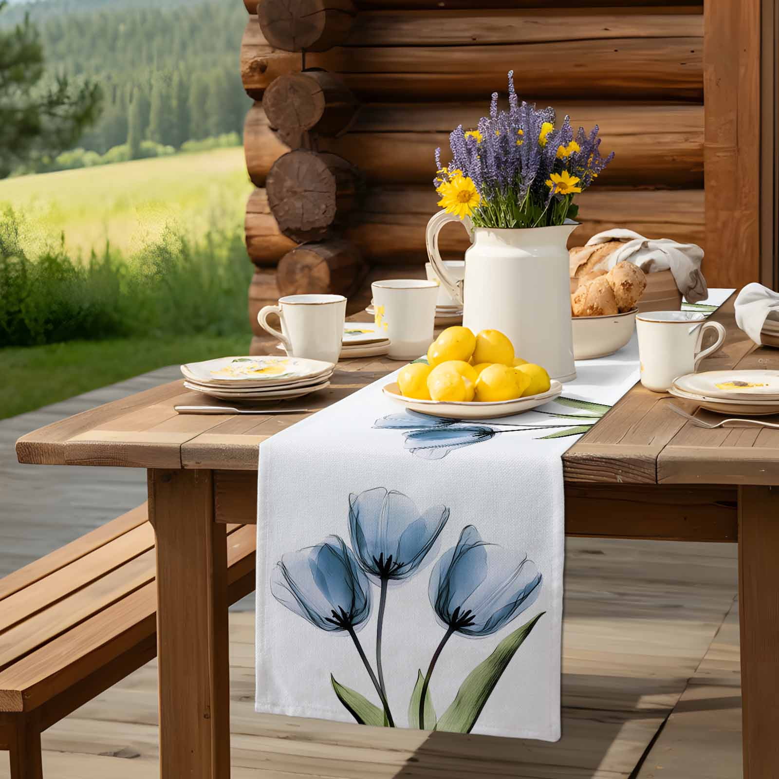 Country Watercolor Pink Flower Table Runner 13x70in Non-Slip Cotton ...