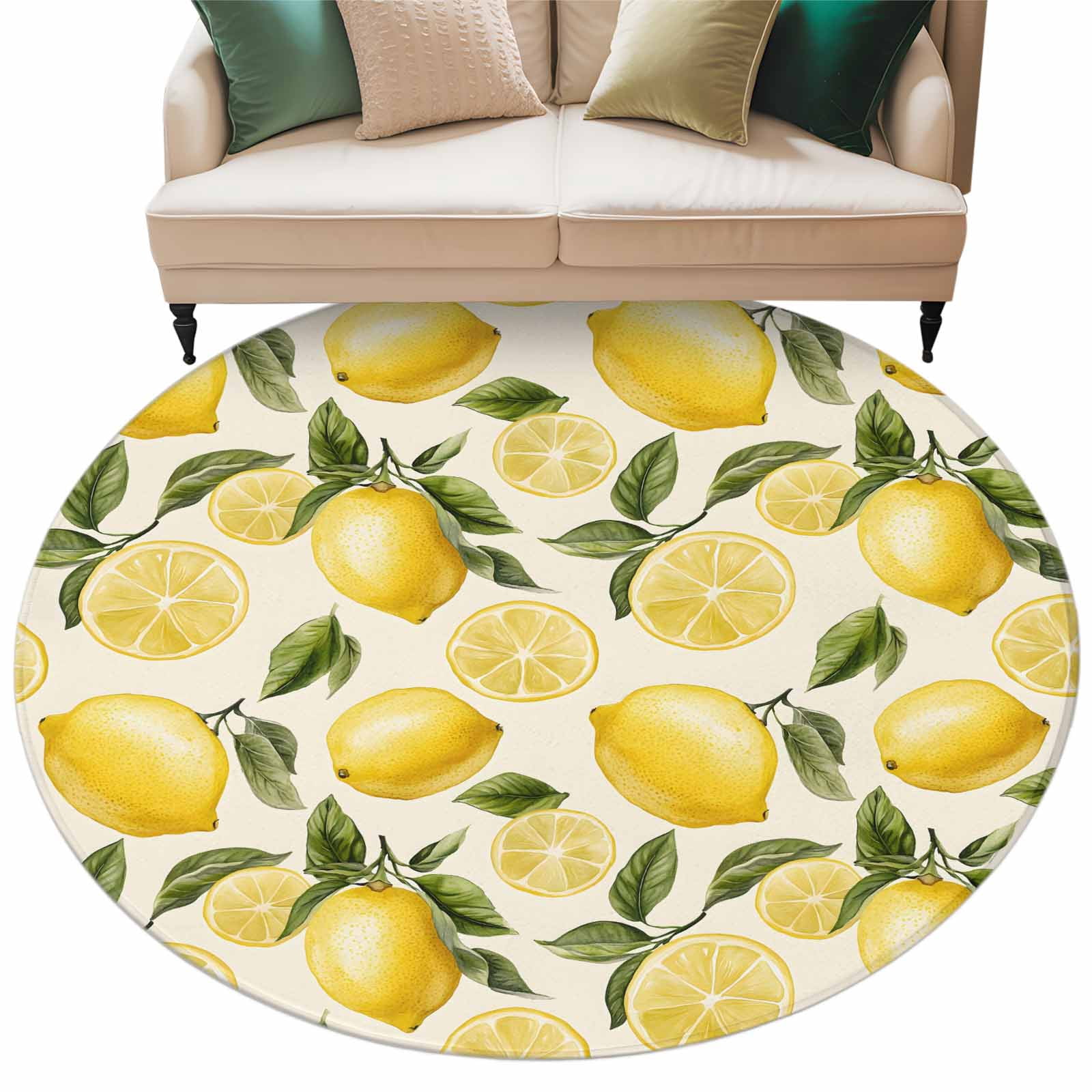Country Watercolor Round Area Rug 5ft Lemon Slice Fruit Leaf Beige ...