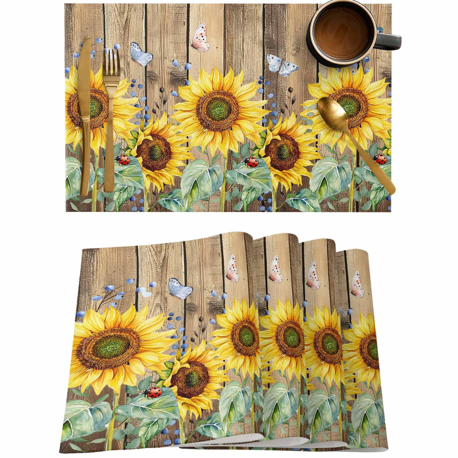 Country Watercolor Sunflower Butterfly Placemats Set of 4,Wipeable ...