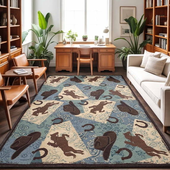 Country Western Theme Washable Area Rug 3 x 5 ft Brown Cowboy Hat Blue ...