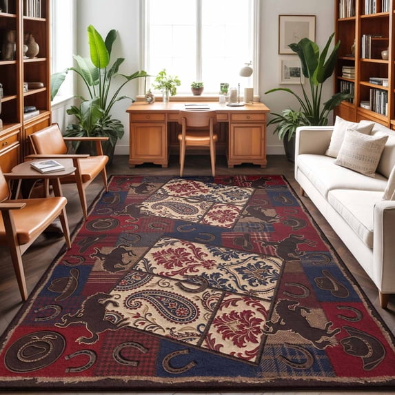 Country Western Washable Area Rug 3 x 5 ft Cowboy Hat Red Blue Plaid ...