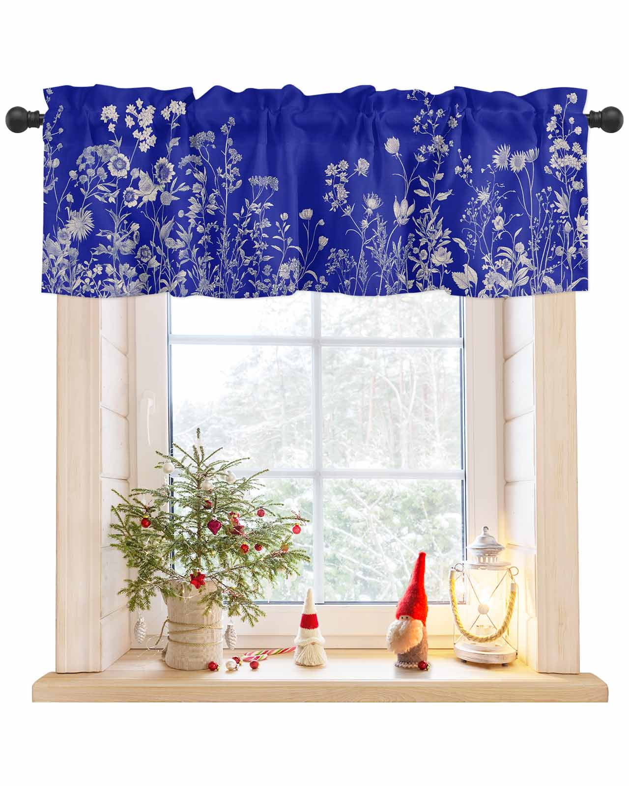 Country White Floral on Blue Window Valance for Kitchen, Farm Plant ...