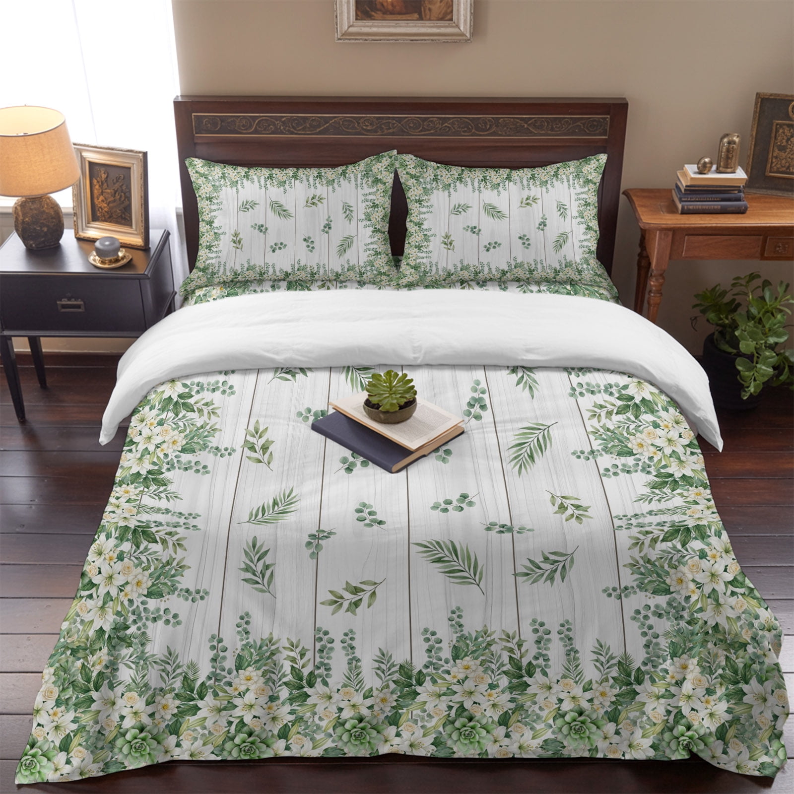 Country White Green Flower Leaf Queen Size Bed Set,Farmhouse Wood Board ...