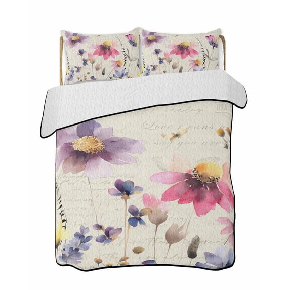 Country Wildflower 3 Pieces Quilt Set, 1 Quilt with 2 Shams, Watercolor ...