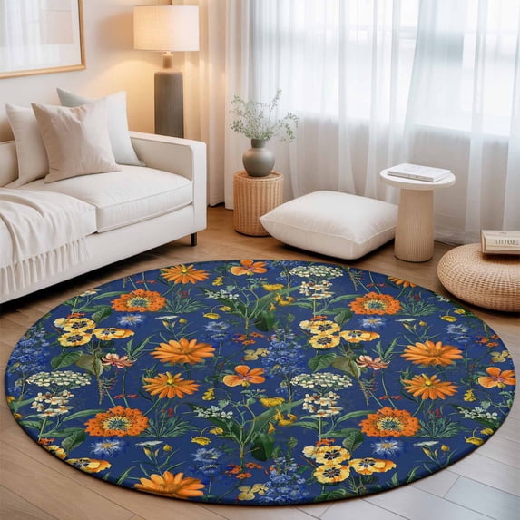 Country Wildflower Green Leaves Round Rug 5ft Vintage Floral Herb on ...