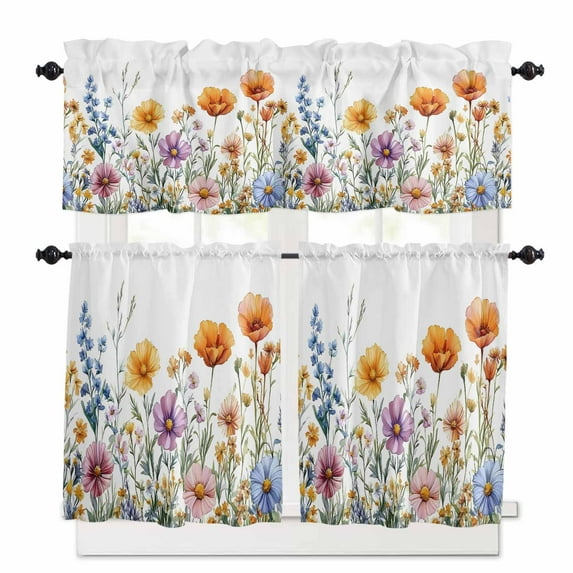 Country Wildflower Kitchen Curtains Valance and Tier Set Colored ...