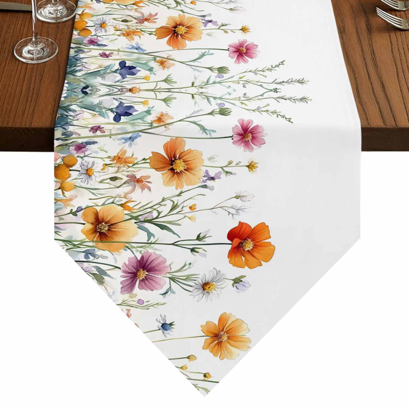 Country Wildflower Table Runner for Dining Room, Colored Watercolor ...