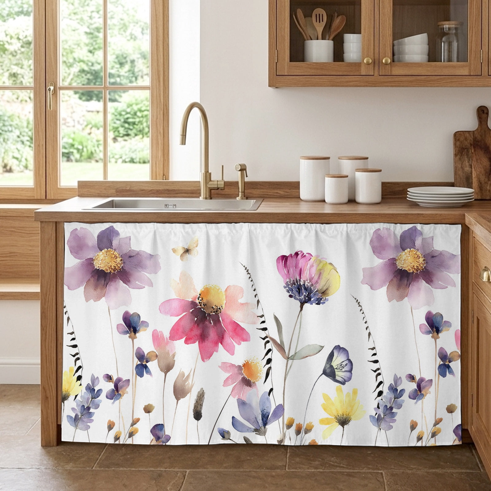 Country Wildflowers Cabinet Curtains 32" W x 55" L Watercolor Gradient ...