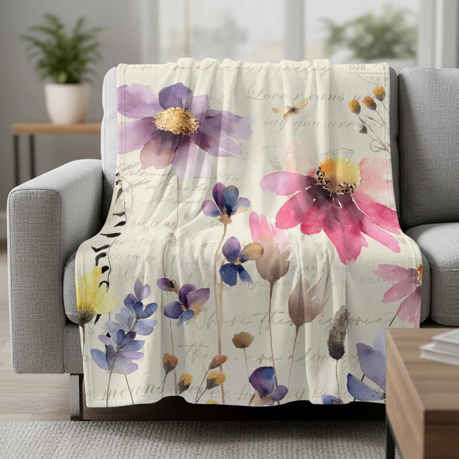 Country Wildflowers Fleece Throw Blanket Watercolor Gradient Purple ...