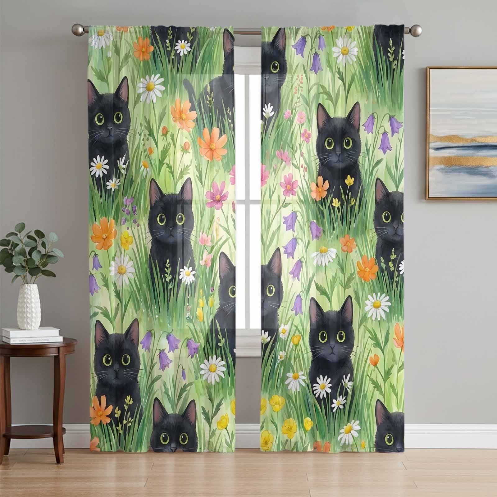 Country Wildflowers Sheer Curtains for Living Room Bedroom Black Cute ...
