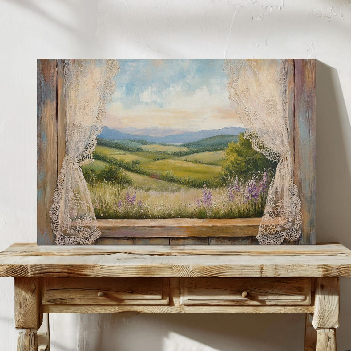 Country Window View Art, Rustic Farmhouse Wall Decor, Vintage Lace ...