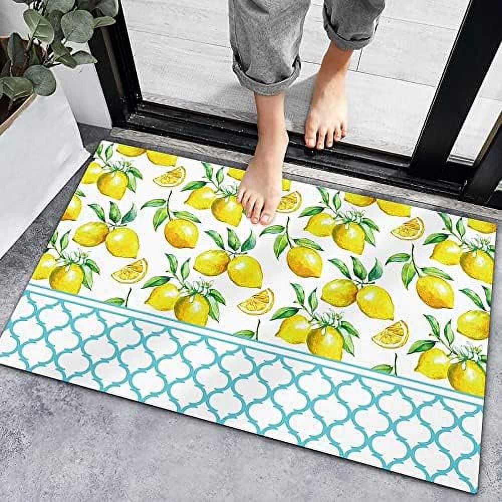Country Yellow Lemon Fruit Entrance Door Mat, Blue Moroccan Trellis ...