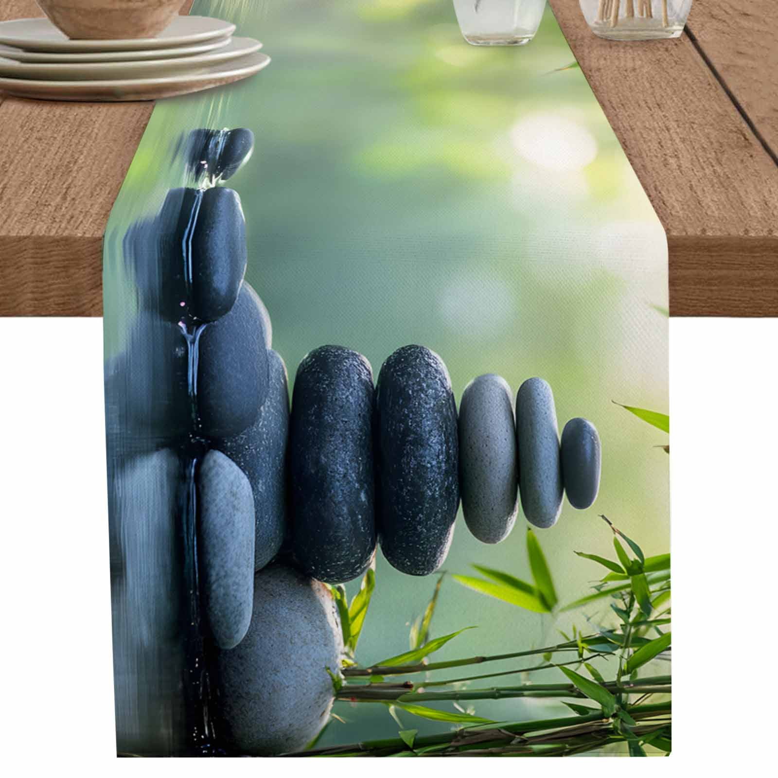 Country Zen Meditation Stone Table Runner-70 Inch Long Green Leaves ...