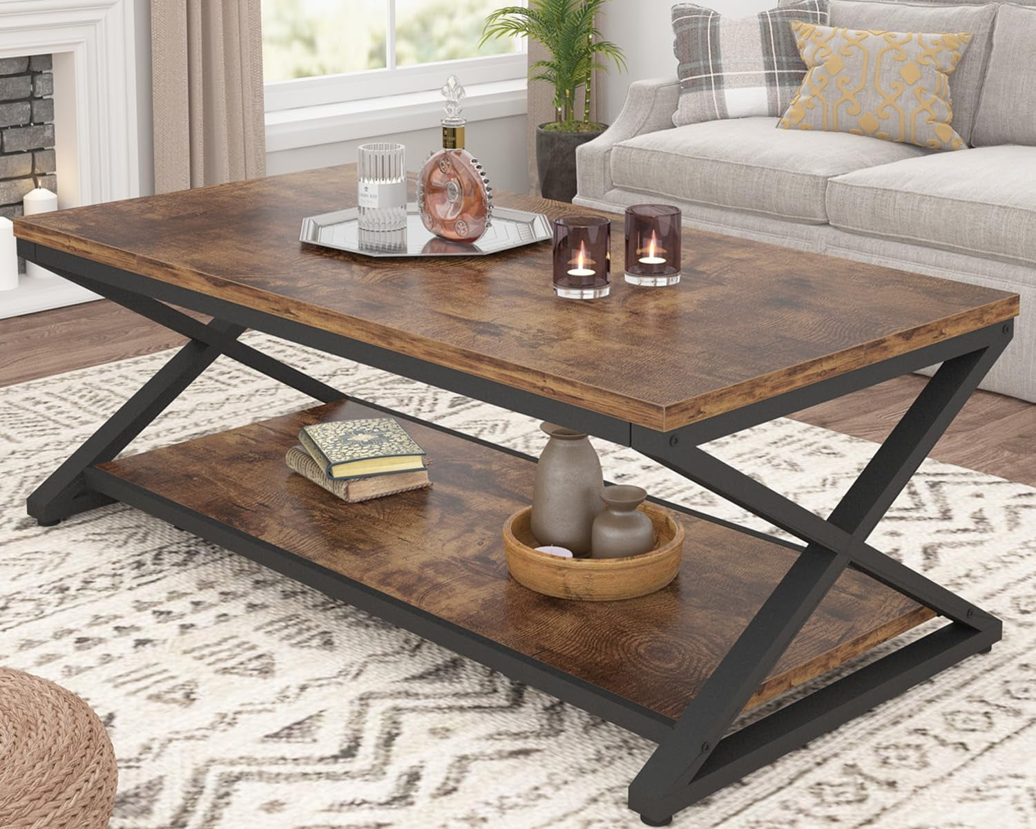 Country-style coffee table with storage rack, industrial-style metal ...