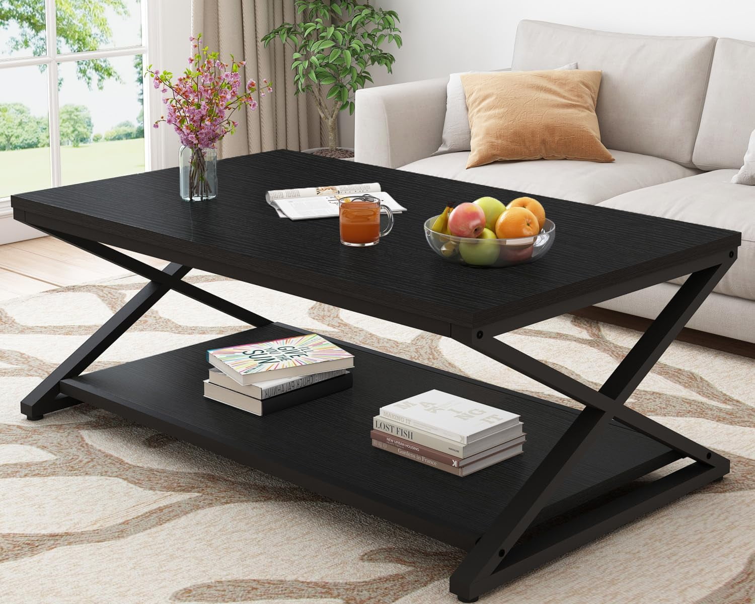 Country-style coffee table with storage rack, industrial-style metal ...