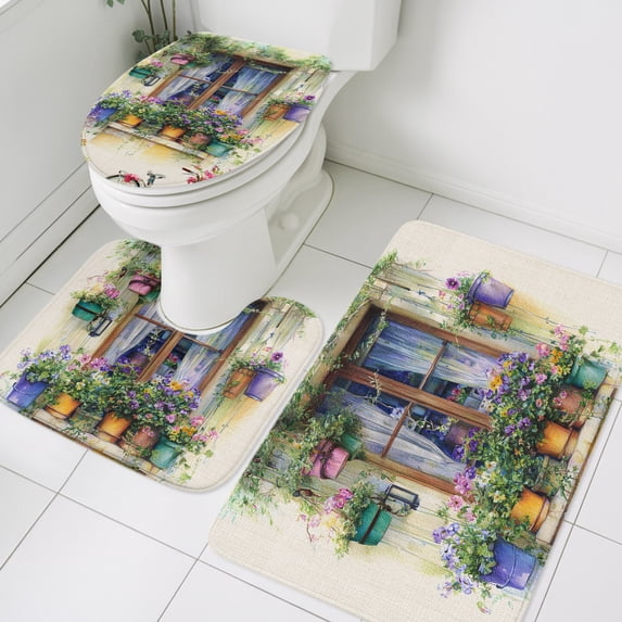 Countryside Bathroom Rugs Set Watercolor Window View Potted Plants ...