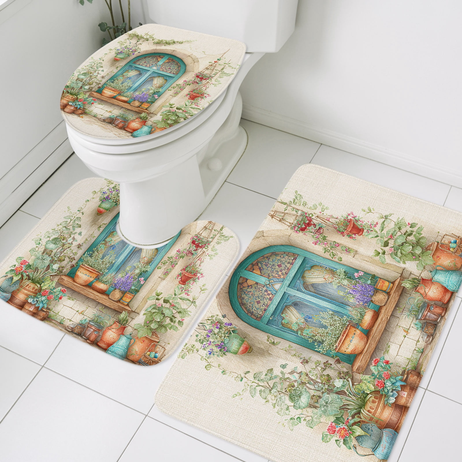 Countryside Bathroom Rugs Set Window View Potted Plants Watercolor ...