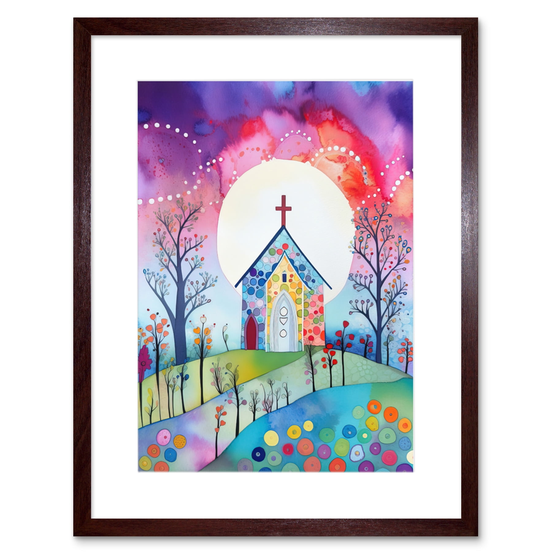 Countryside Chapel In Full Moon Spring Night Folk Art Watercolour ...