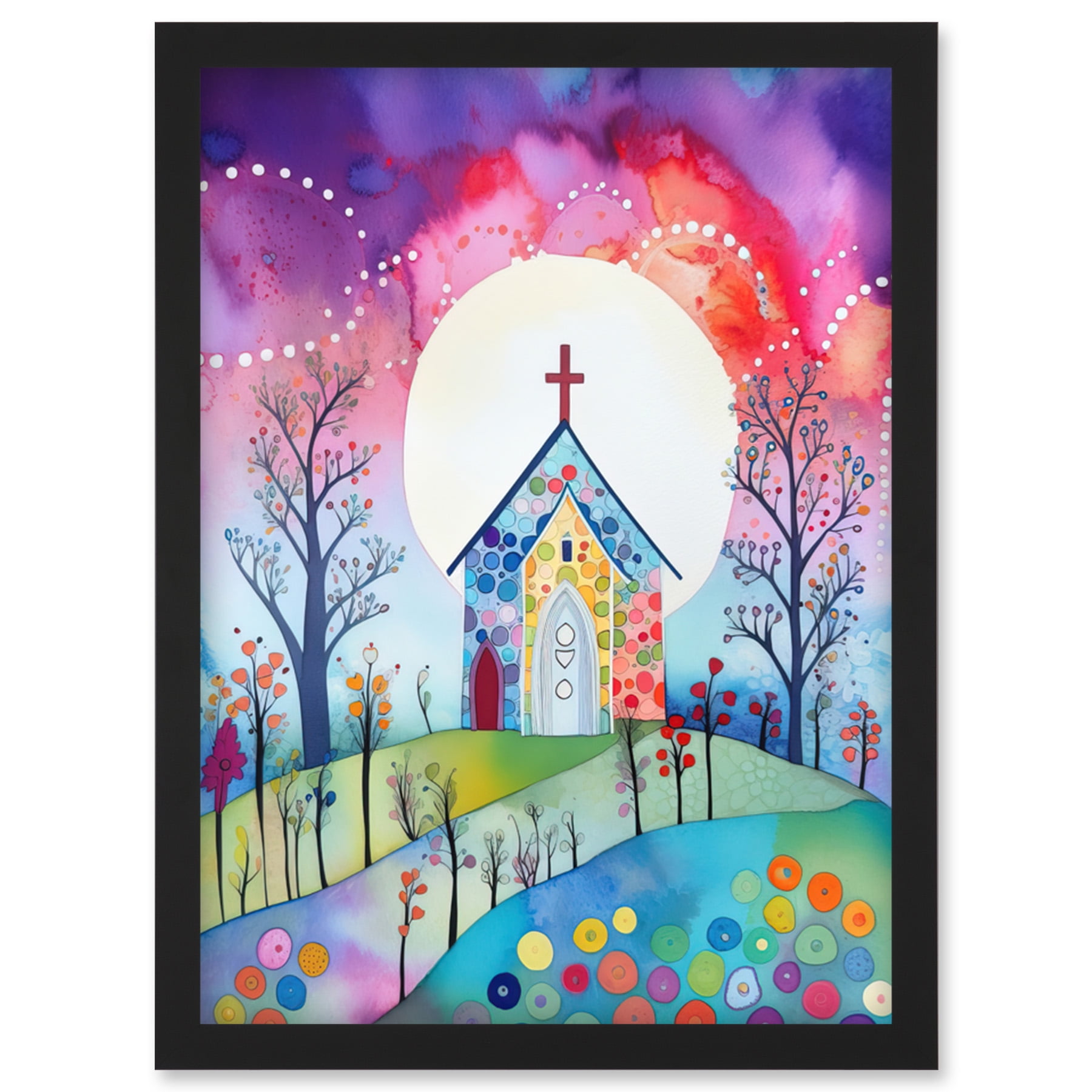 Countryside Chapel In Full Moon Spring Night Folk Art Watercolour ...