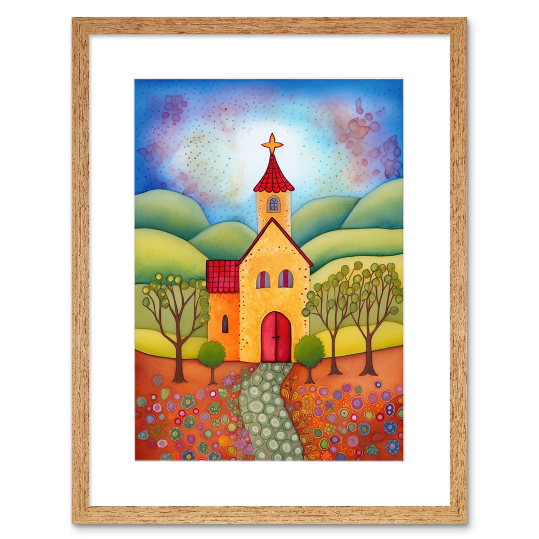 Countryside Chapel Spring Landscape Folk Art Watercolour Painting ...