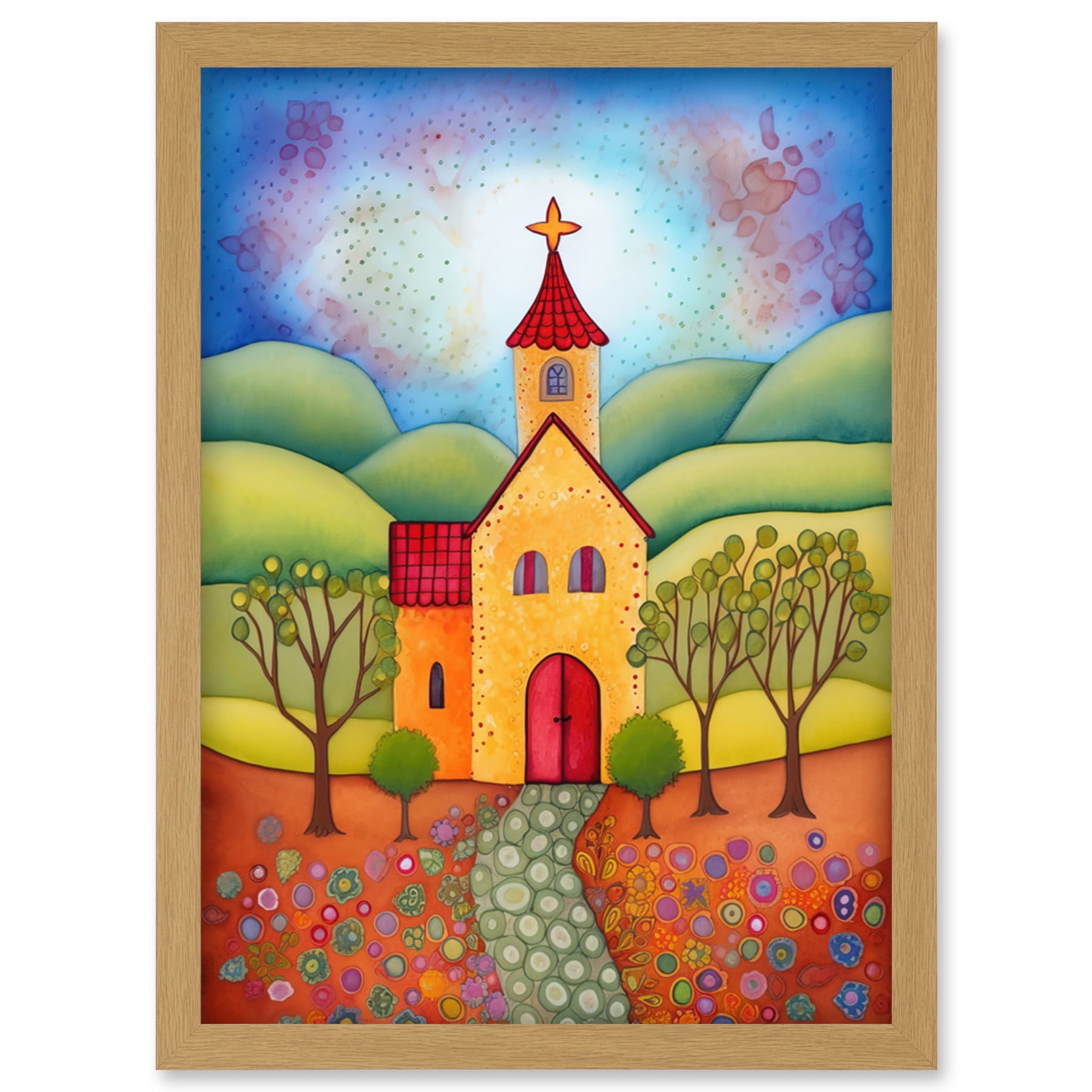 Countryside Chapel Spring Landscape Folk Art Watercolour Painting ...