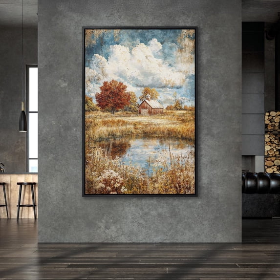 Countryside Charm Poster, Barn Art In Autumn Scene, Rustic Farmhouse ...