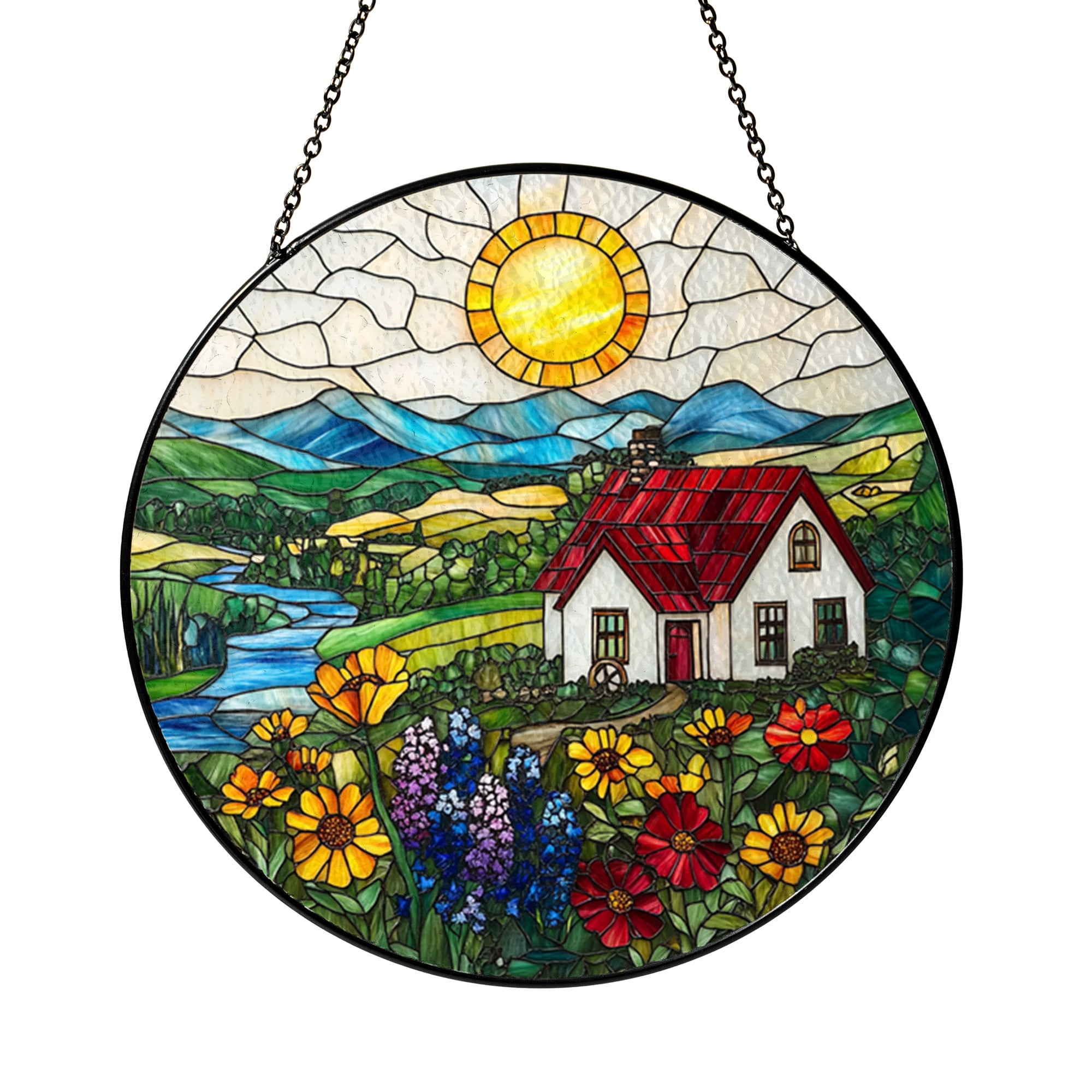 Countryside Cottage Stained Glass Style Art – Floral Landscape Window ...