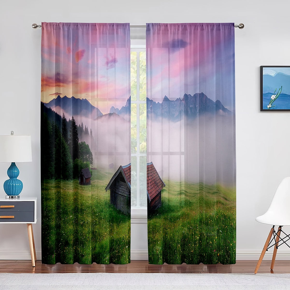 Countryside Farmhouse Grass Tree Sunset Sheer Curtains for Living Room ...