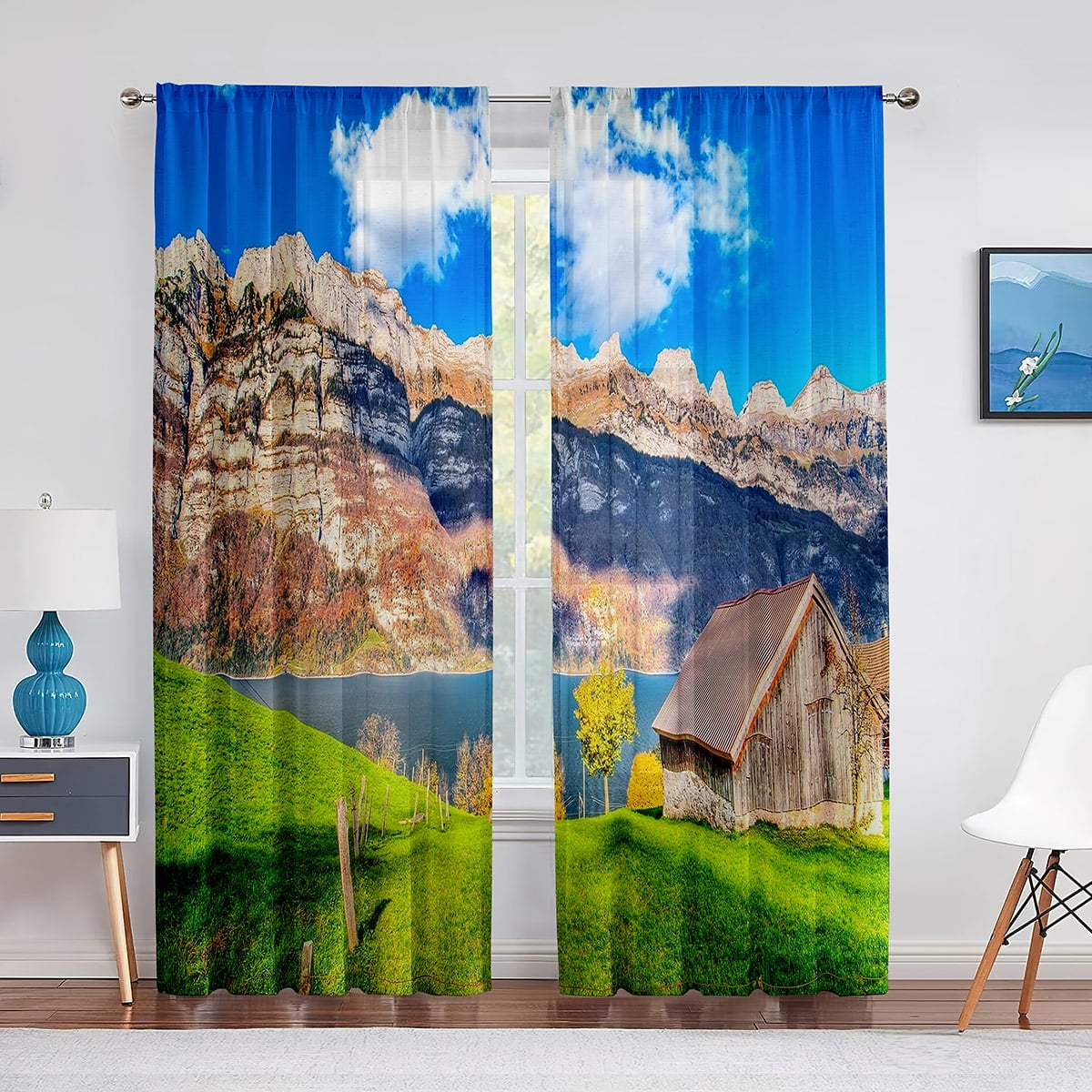 Countryside Farmhouse Grass Tree Sunset Sheer Curtains for Living Room ...