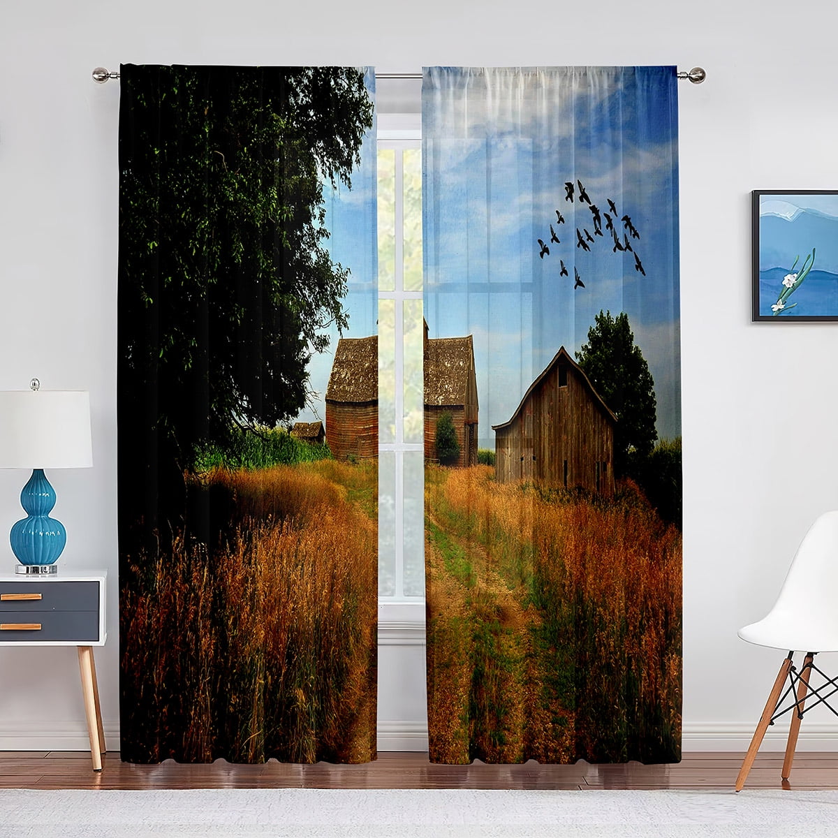 Countryside Farmhouse Grass Tree Sunset Sheer Curtains for Living Room ...
