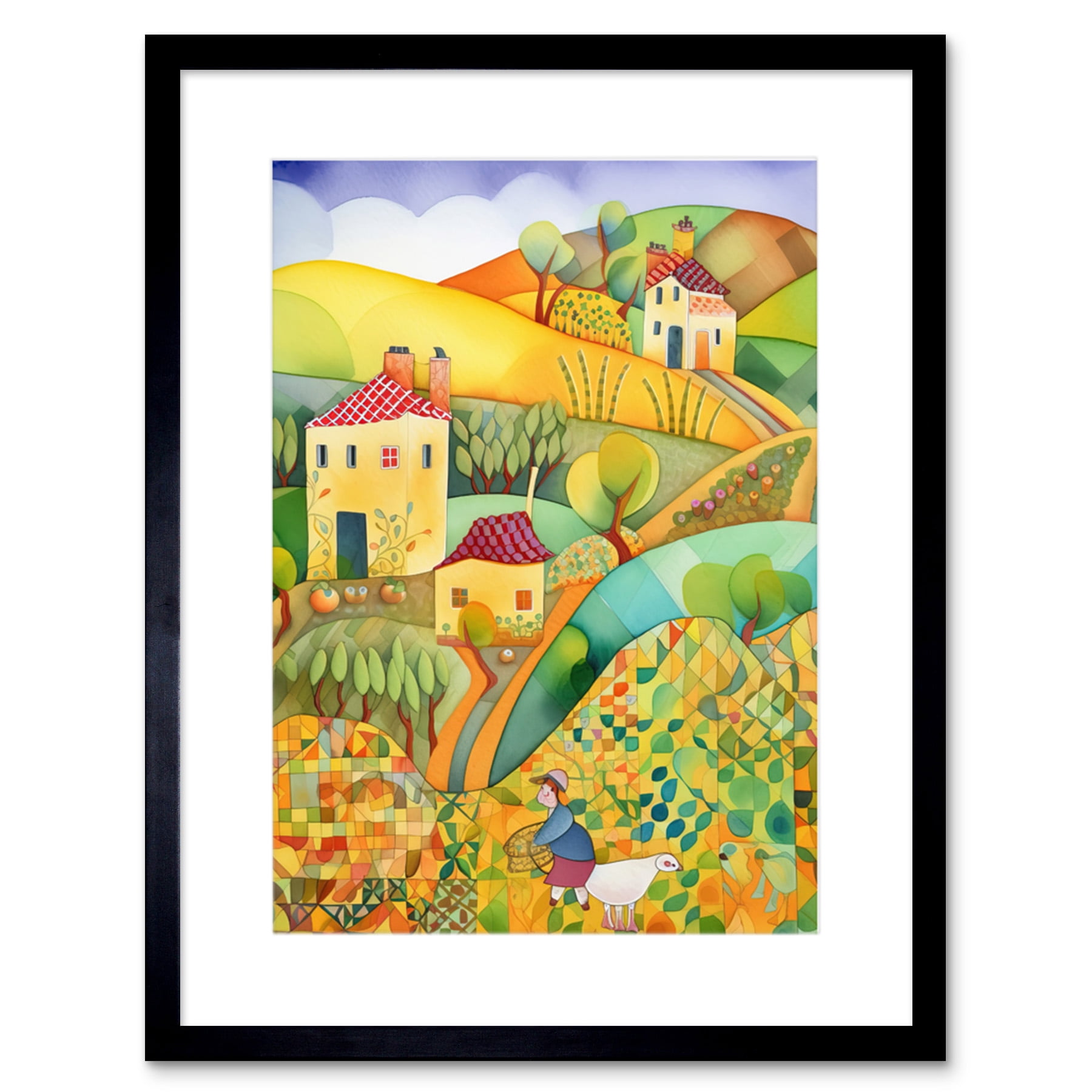 Countryside Farming Folk Art Watercolour Painting Artwork Framed Print ...