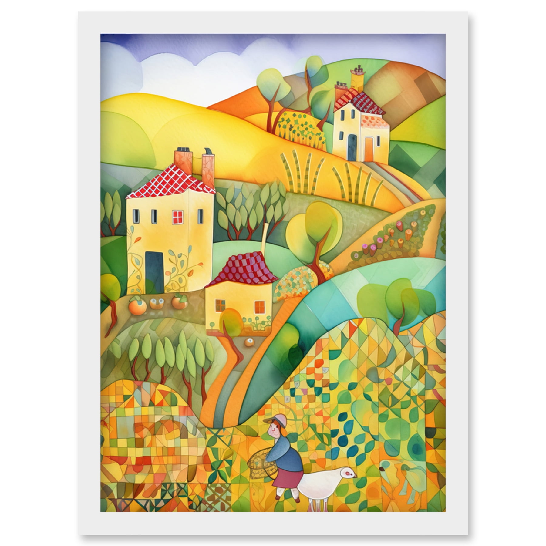 Countryside Farming Folk Art Watercolour Painting Artwork Framed Wall ...