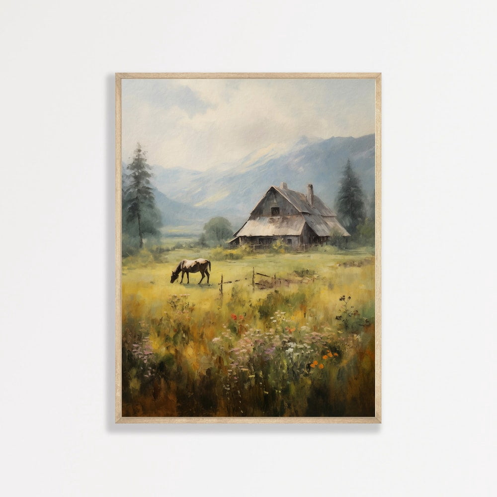 Countryside Horse Painting Vintage Pasture Landscape Wall Art Print ...
