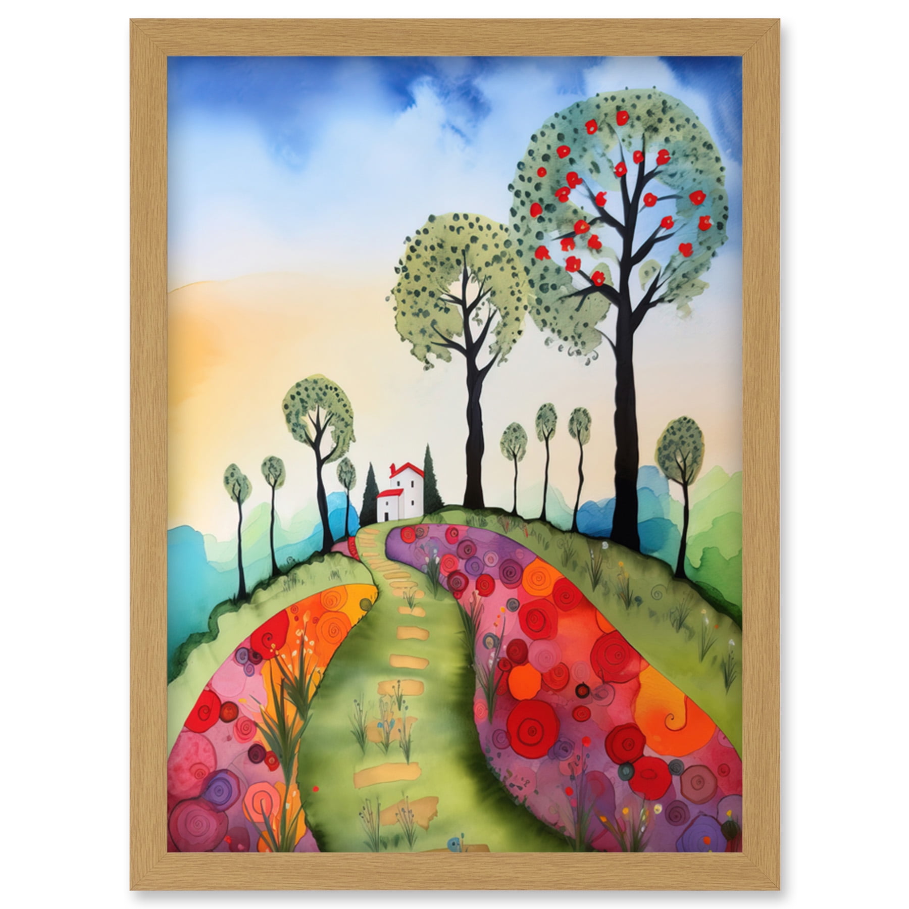 Countryside House Path With Flowerbeds Folk Art Landscape Watercolour ...