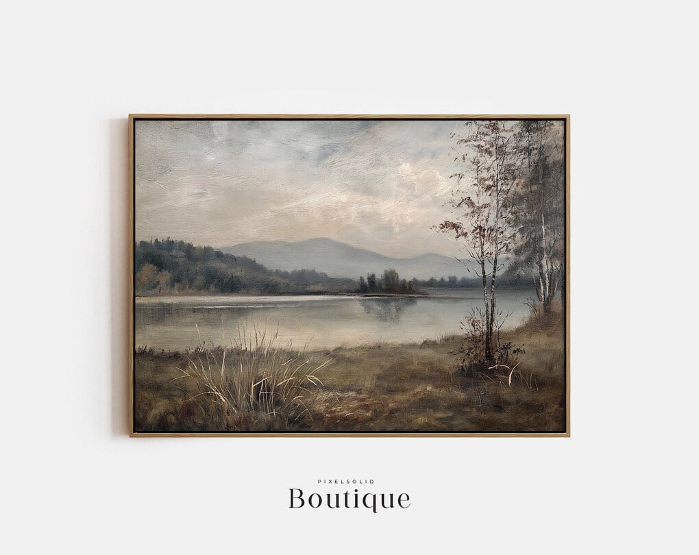 Countryside Lake Landscape Oil Painting, Rustic Decor For Farmhouse ...