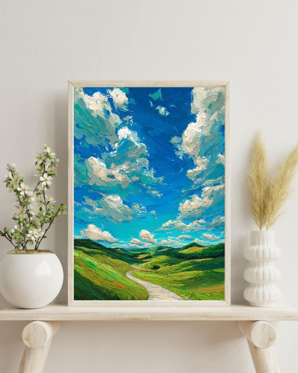 Countryside Landscape Green Hills Impressionist Cloud Blue Sky Graphic ...