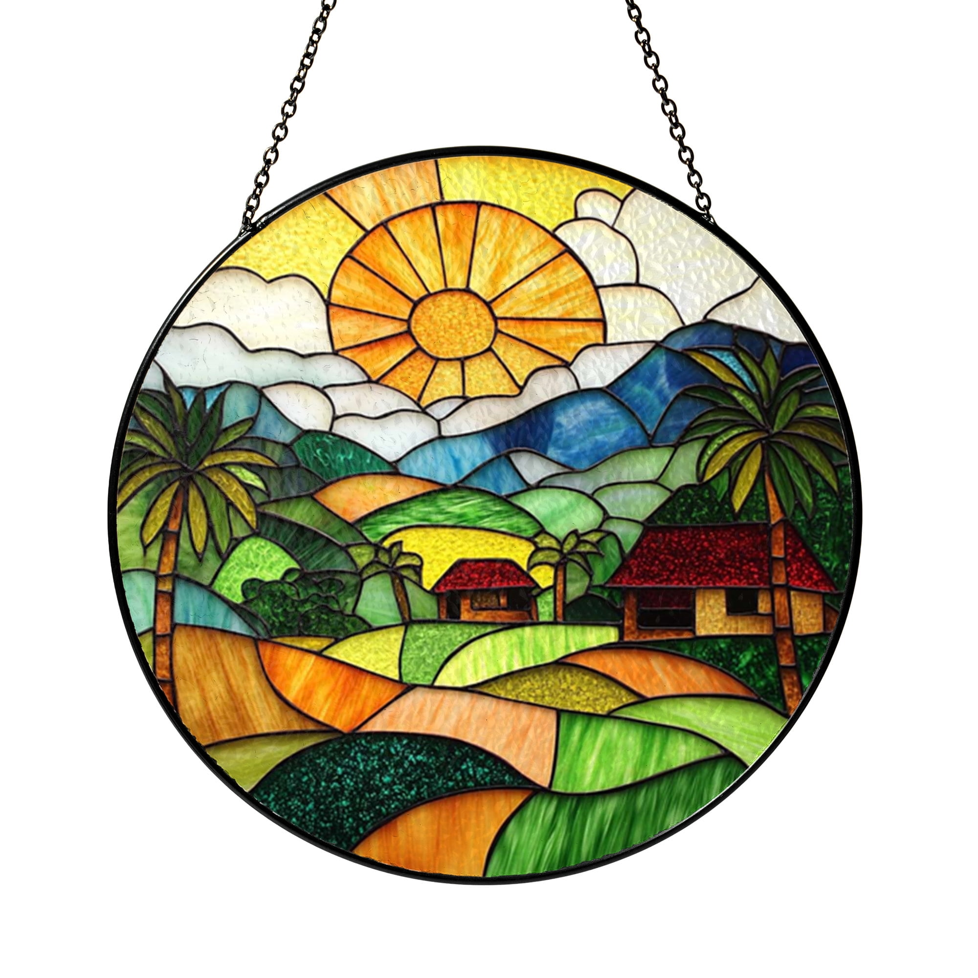 Countryside Landscape Stained Glass Suncatcher Window Hanging, Sunrise ...