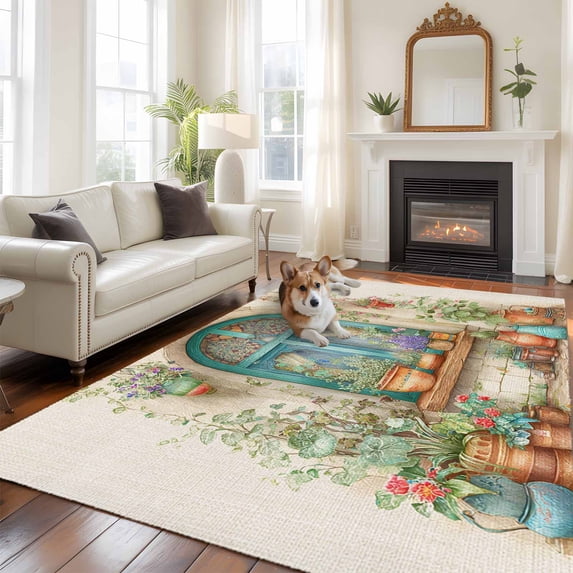 Countryside Large Area Rugs 6x9 ft Window View Potted Plants Watercolor ...