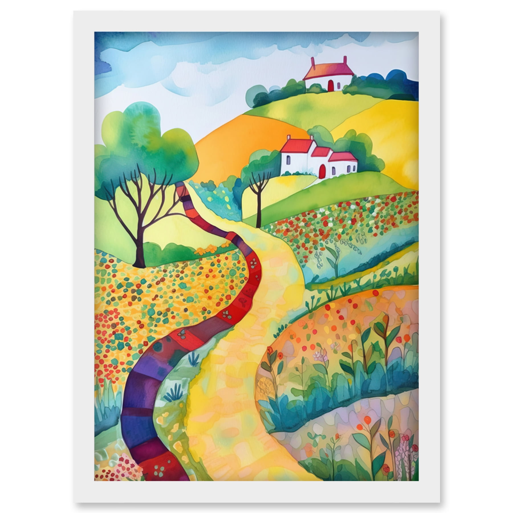 Countryside Path In Spring Folk Art Landscape Watercolour Painting ...