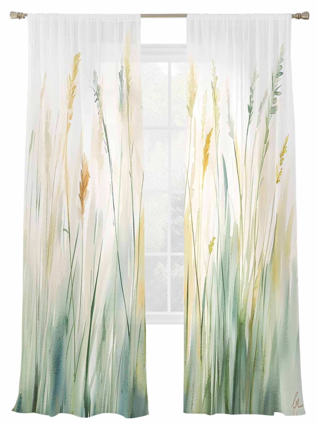 Countryside Plant Sheer Curtains 2 Panels Set Watercolor Rustic Yellow ...