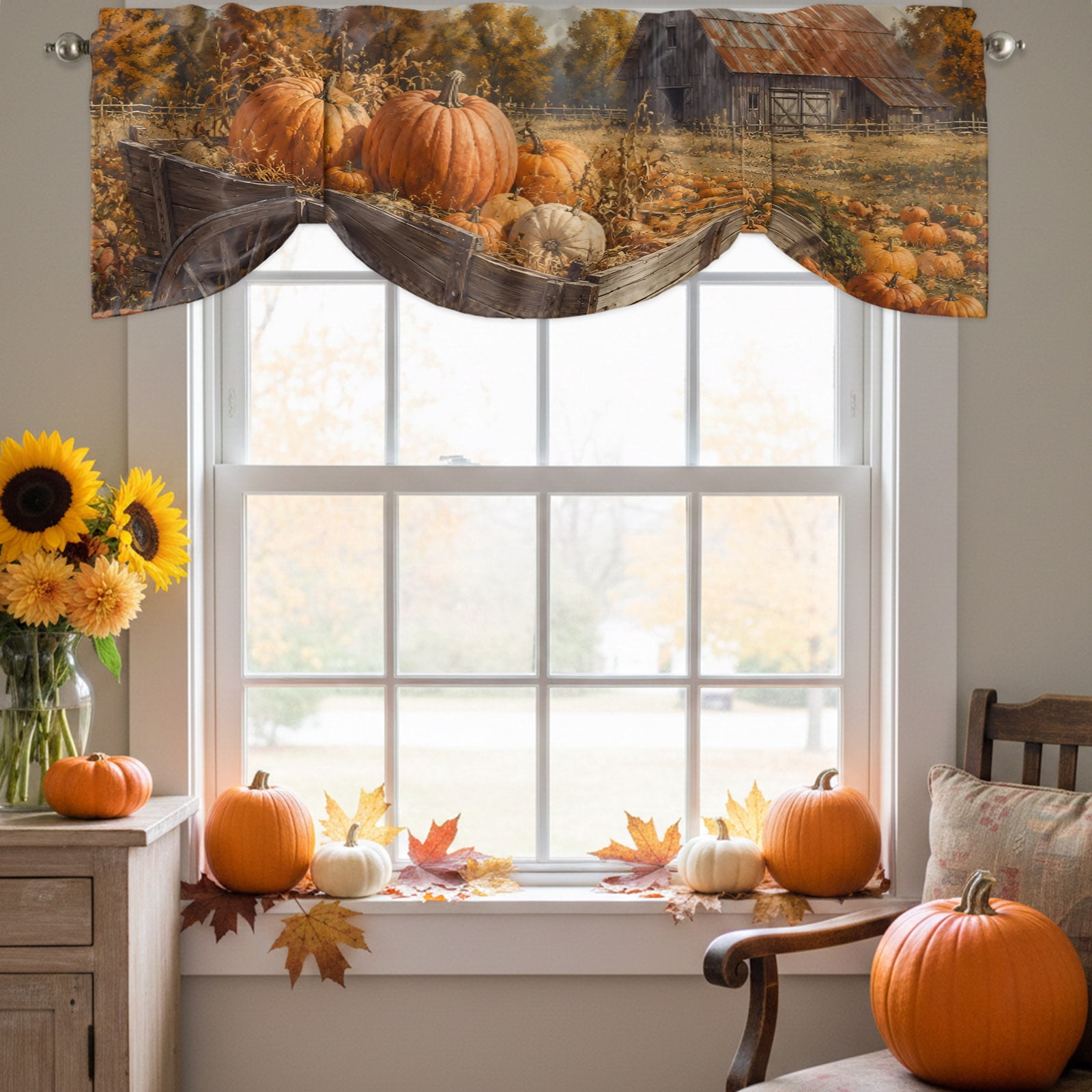 Countryside Pumpkins Tie Up Valance for Windows, Thanksgiving Barn ...