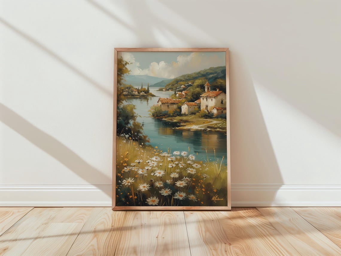 Countryside River Landscape Rustic Village Scene Daisy Flowers Living ...