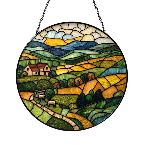 Countryside Sheep Hills Stained Glass Suncatcher Window Hanging Decor ...