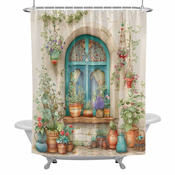 Countryside Shower Curtain for Bathroom, Window View Potted Plants ...