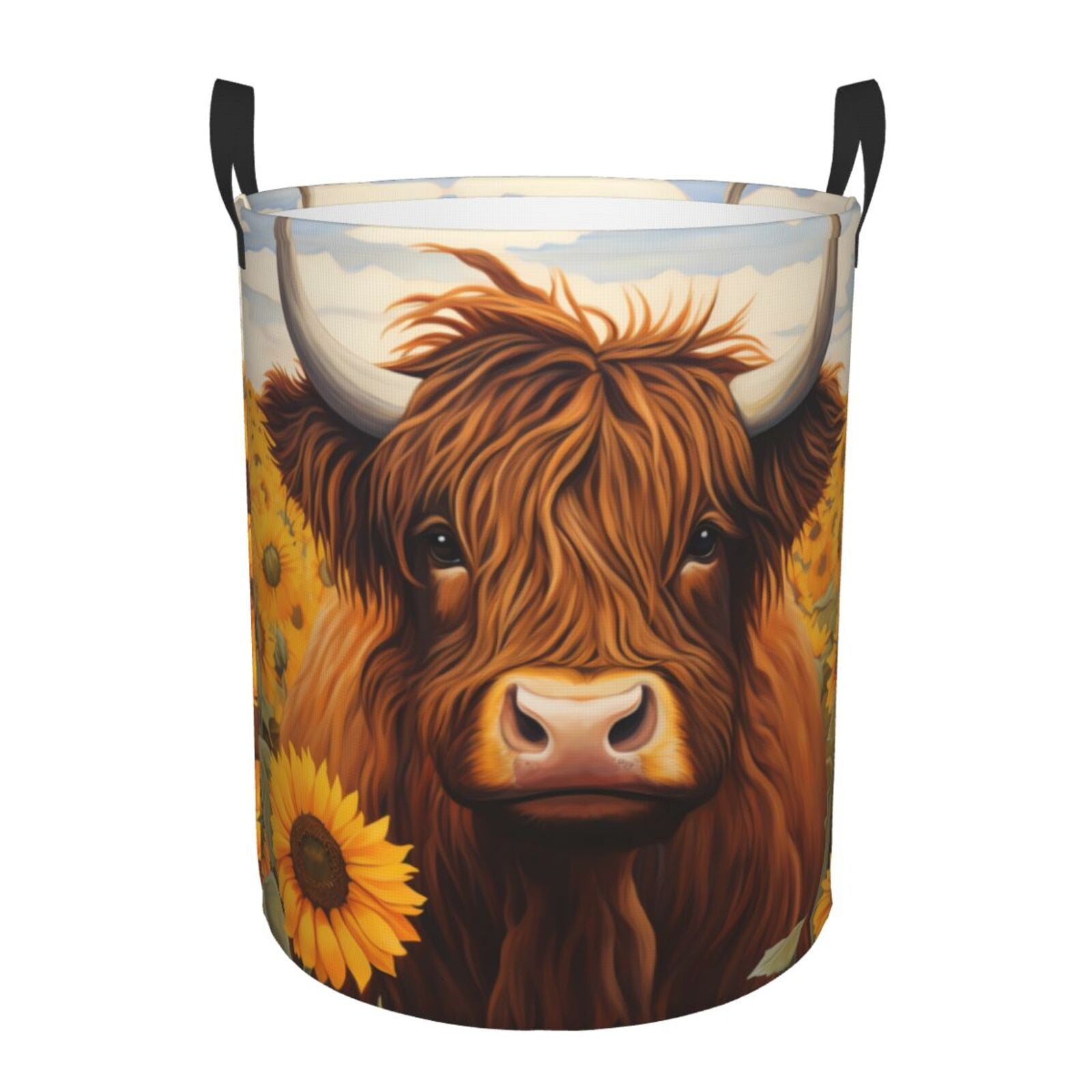 Countryside Sunflower Cow Laundry Basket with Handles - Freestanding ...