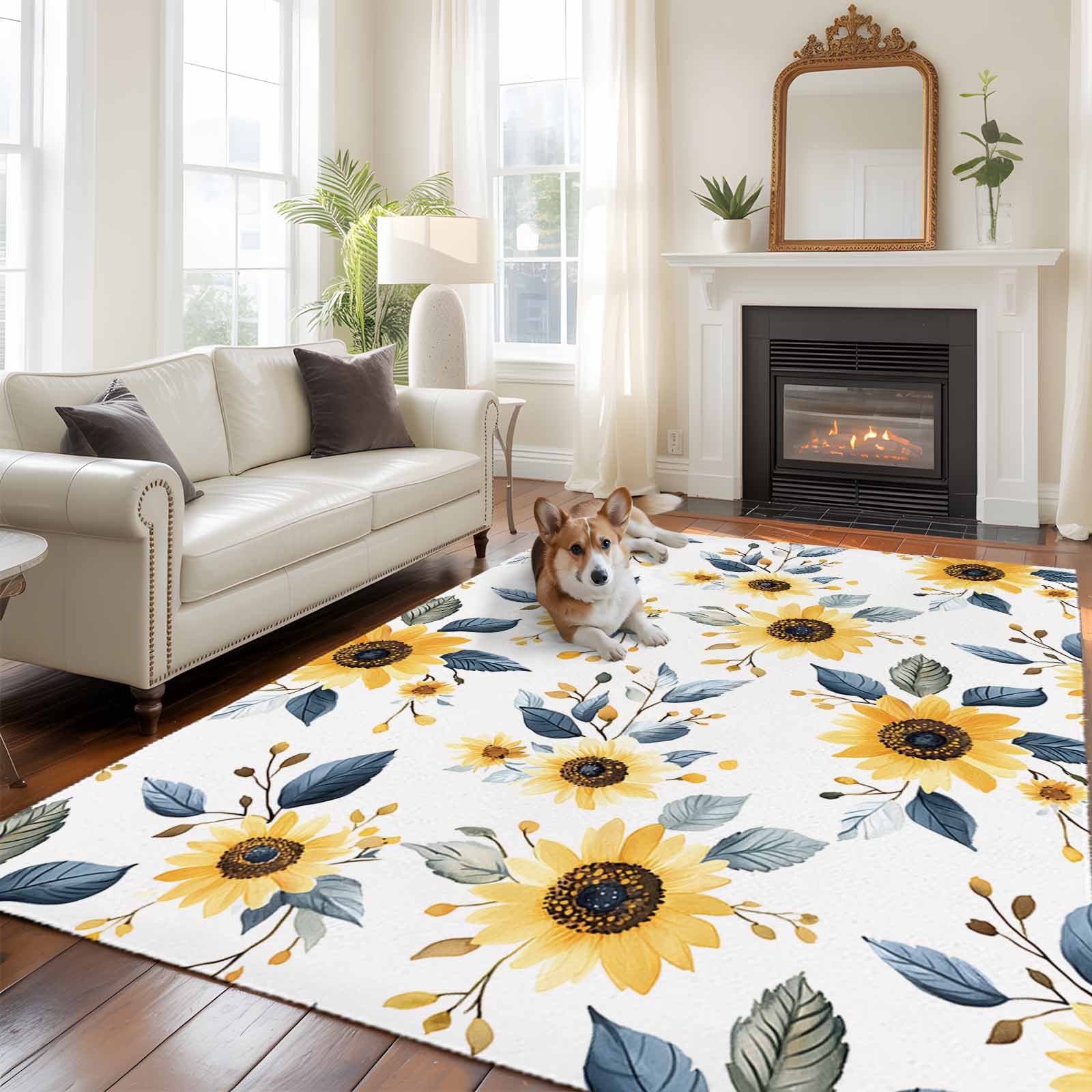 Countryside Sunflowers Large Area Rugs 8x10 ft Watercolor Floral Leaf ...