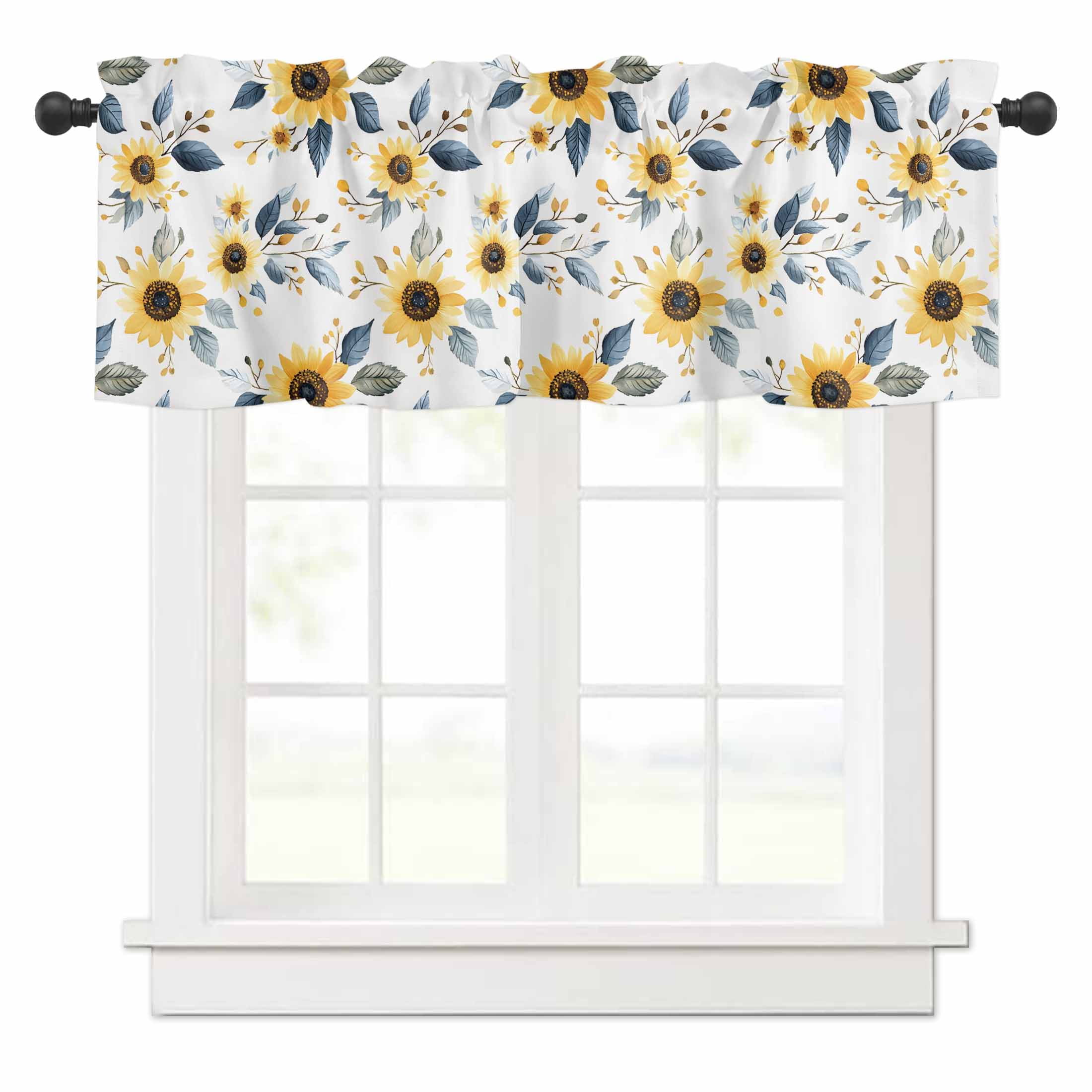 Countryside Sunflowers Valances for Windows Watercolor Floral Leaf ...