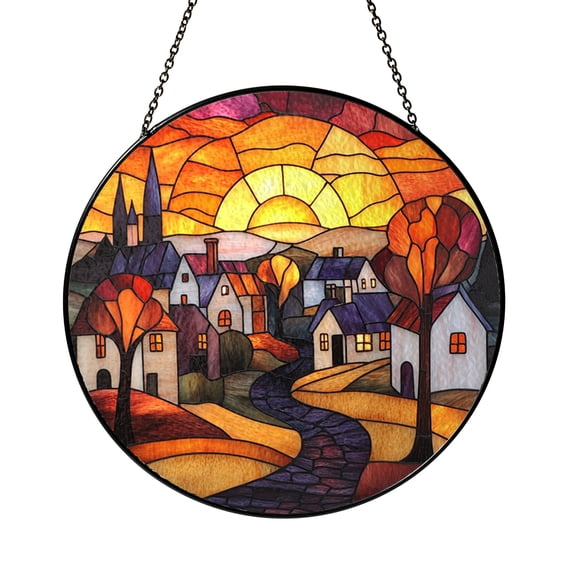 Countryside Village Stained Glass Style Suncatcher Window Hanging Decor ...